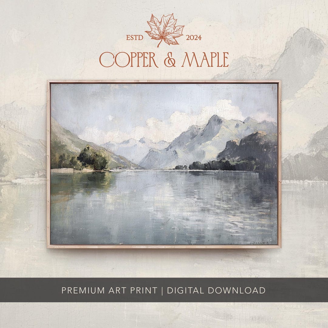 PRINTABLE ART Vintage Summer Lake Landscape Painting Rustic Farmhouse ...