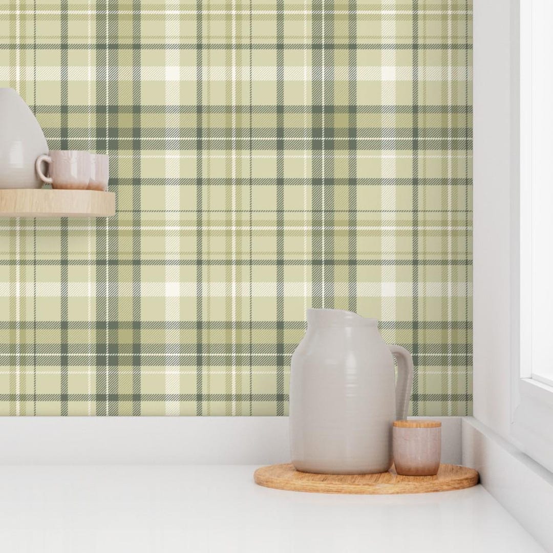 Sage Green Neutral Plaid Wallpaper - Peel & Stick Vintage Lime Cream ...