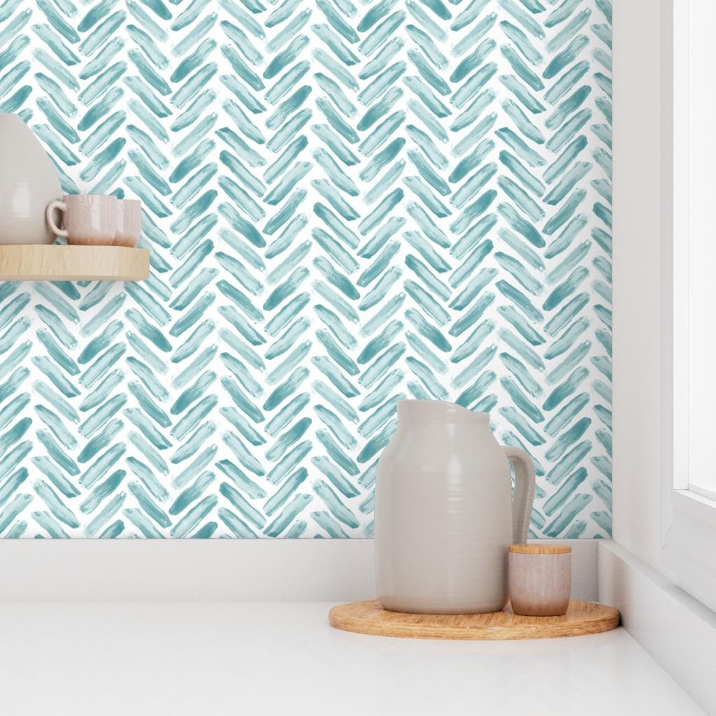 Cyan Blue Herringbone Wallpaper | Peel & Stick Preppy Wall Decor ...