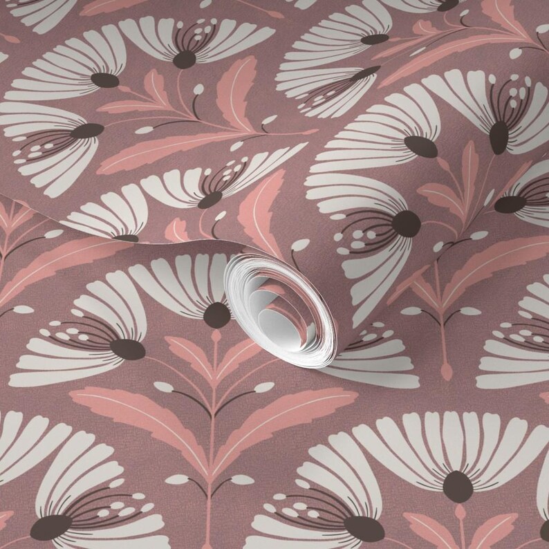 Pink Floral Art Deco Wallpaper: Scallop Trellis, Vintage Retro ...