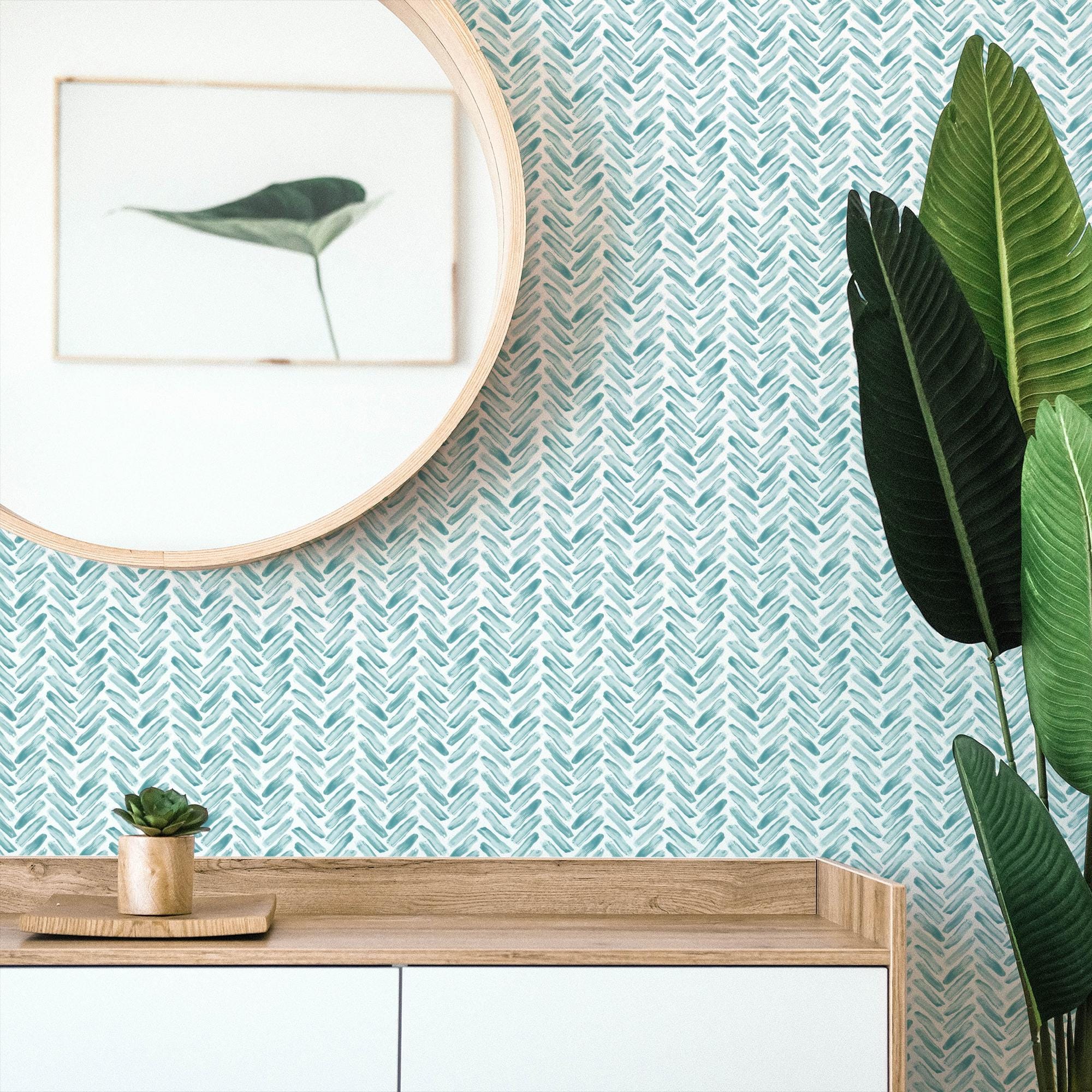 Cyan Blue Herringbone Wallpaper | Peel & Stick Preppy Wall Decor ...