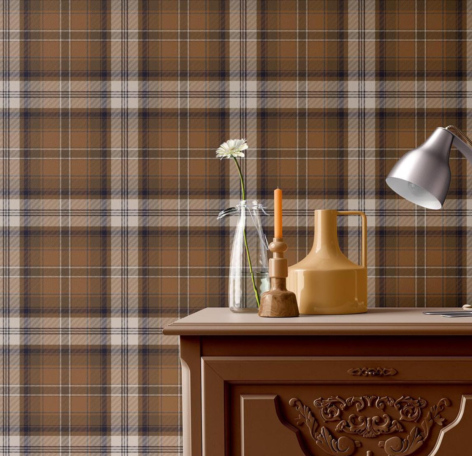 Dark Brown Preppy Plaid Wallpaper - Bronze, Copper, Beige | Peel ...