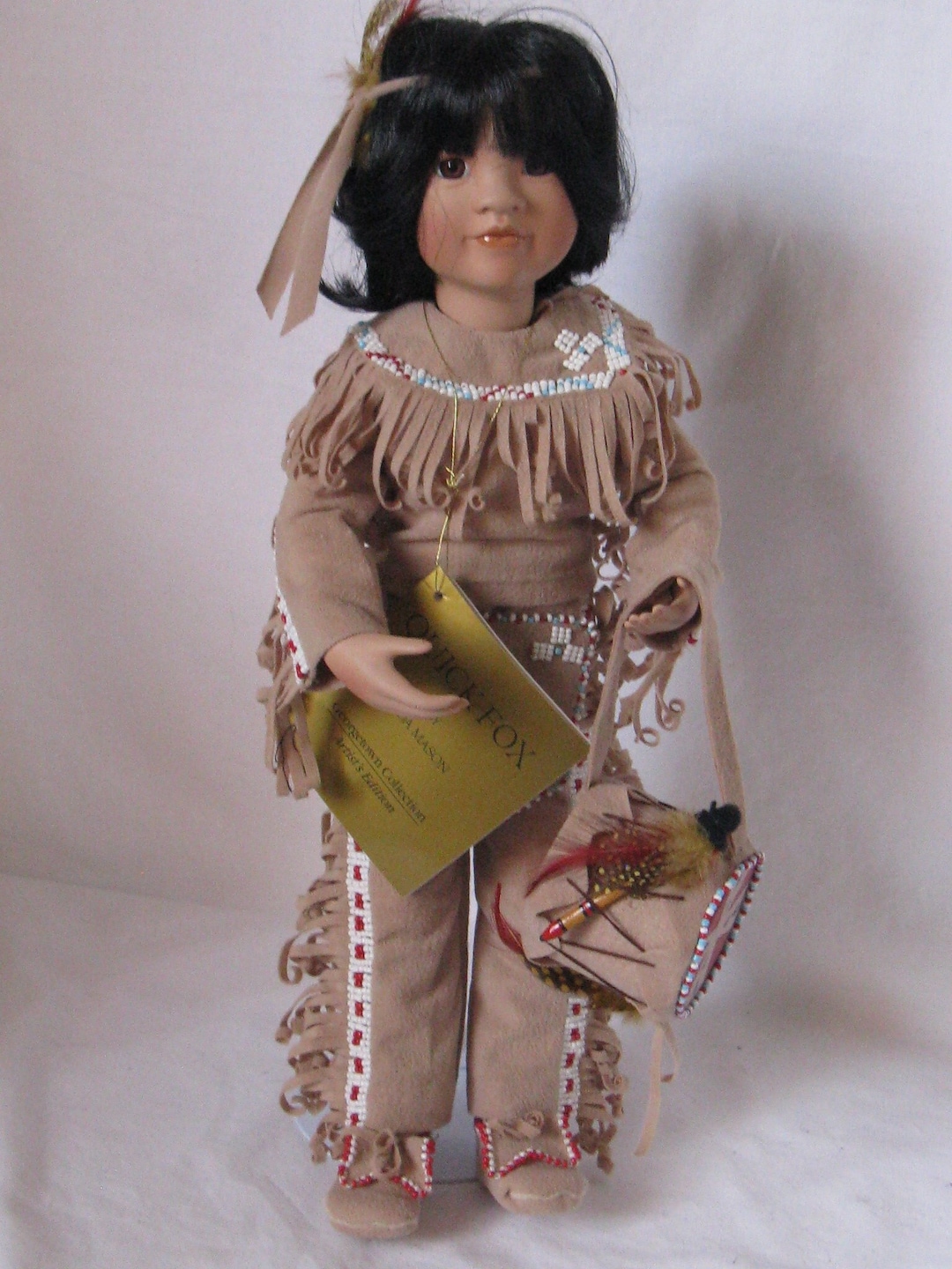 Vintage Quick Fox 18 Porcelain Doll by Linda Mason Native American Indian Boy Stand and Box ...