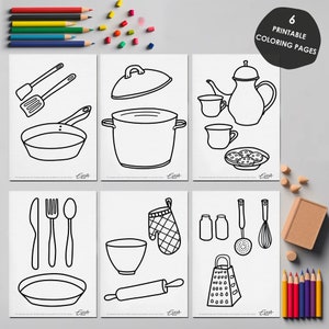 6 Easy Printable Coloring Pages for Kids, Kitchen Tools Coloring ...