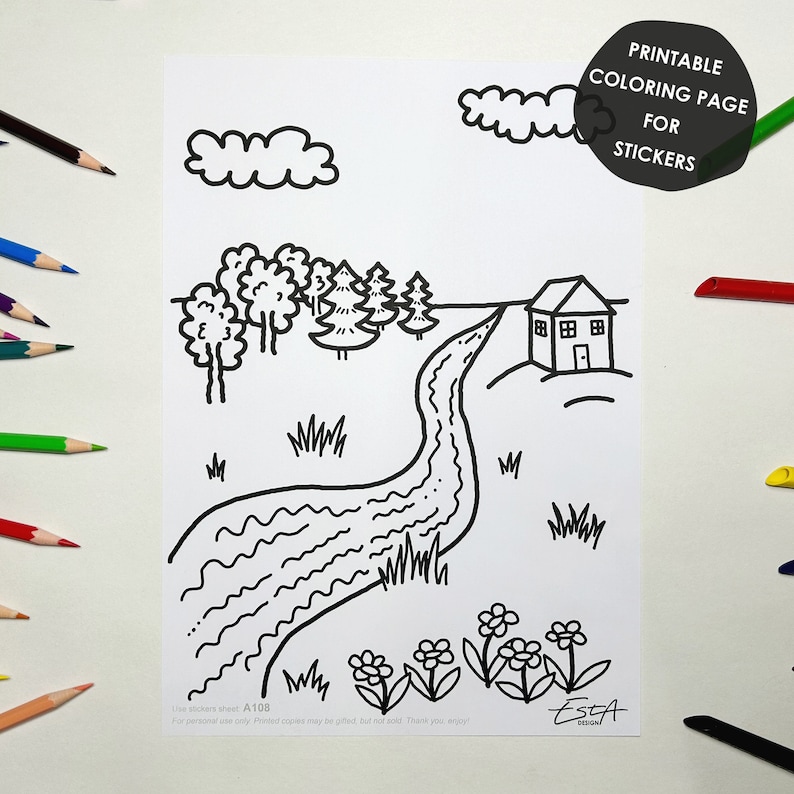 Coloring Sticker Sheet & Printable Coloring Page Set for Kids, Nature ...