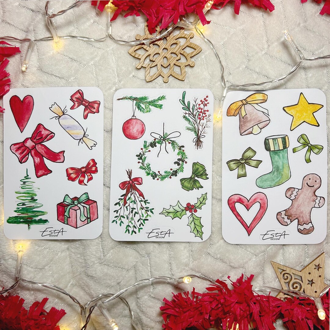 Christmas Sticker Sheet Set – Hand-drawn Watercolor Christmas Stickers ...