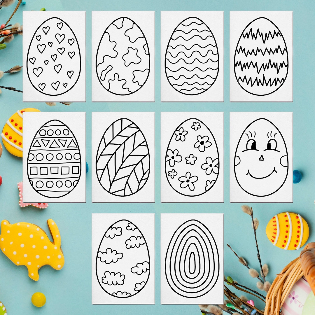 Printable Easter Egg Coloring Pages for Kids (set of 10), Hand Drawing ...