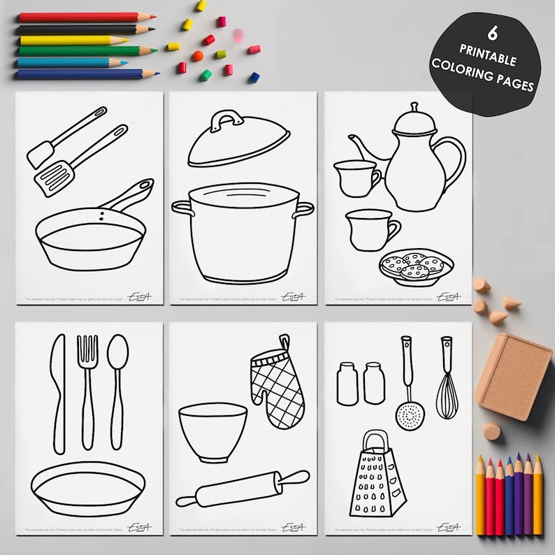 6 Easy Printable Coloring Pages for Kids, Kitchen Tools Coloring ...