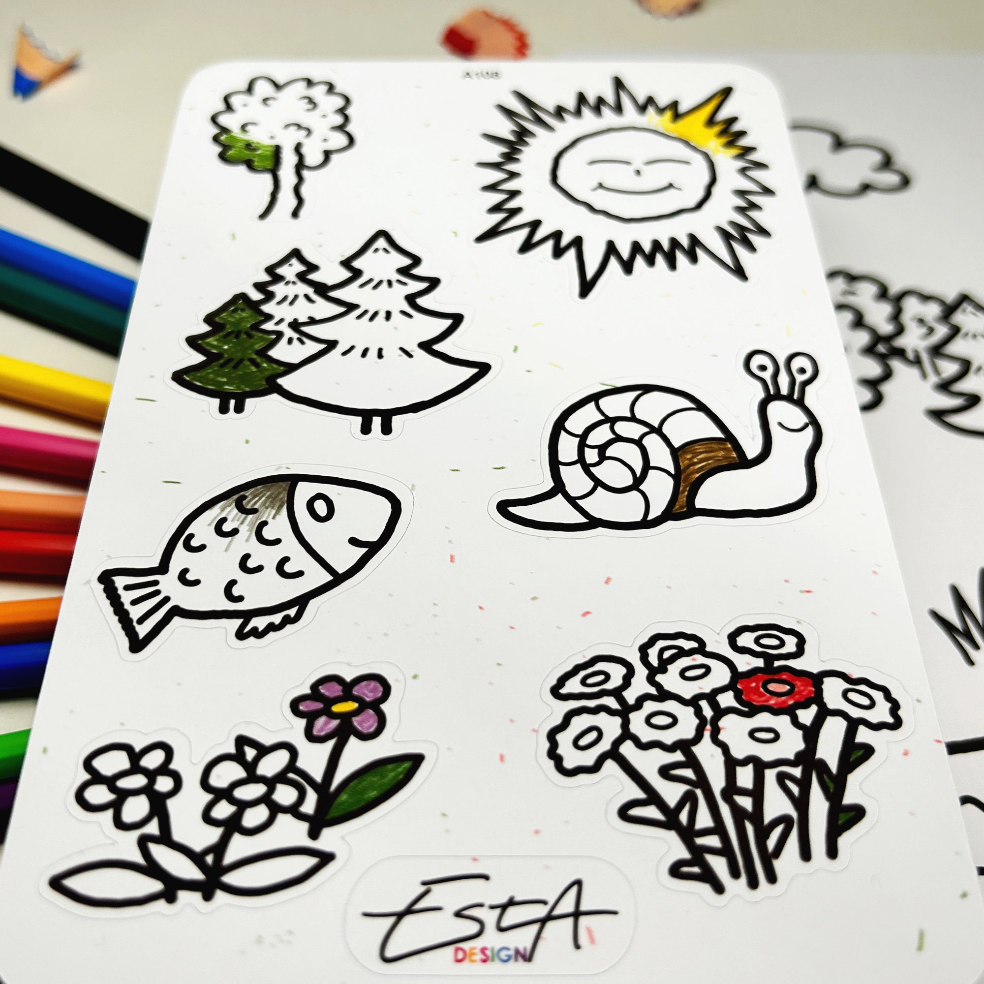 Coloring Sticker Sheet & Printable Coloring Page Set for Kids, Nature ...