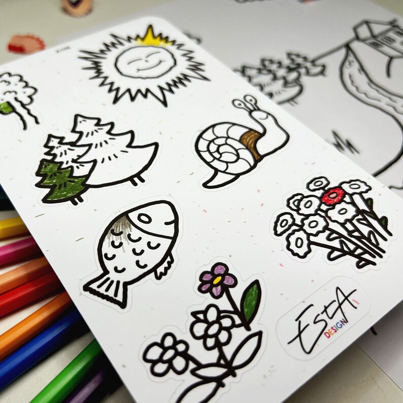 Coloring Sticker Sheet & Printable Coloring Page Set for Kids, Nature ...