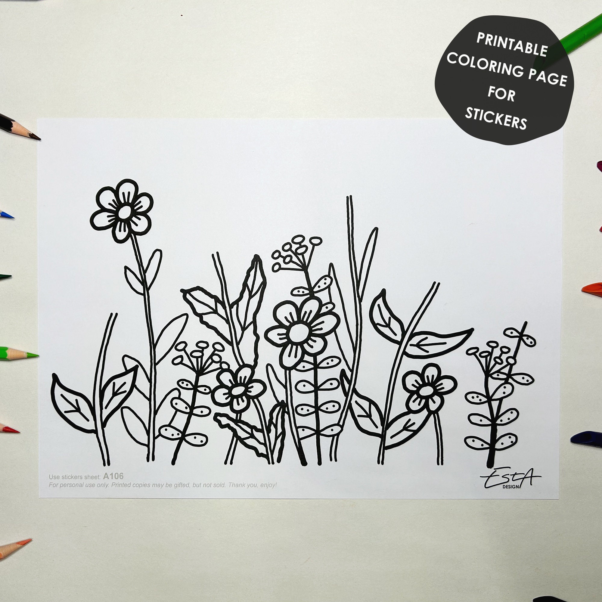 Coloring Sticker Sheet & FREE Printable Coloring Page for Kids, Flowers ...