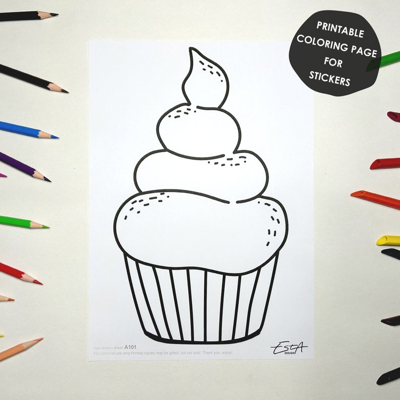 Coloring Sticker Sheet & FREE Printable Coloring Page for Kids, Cupcake ...