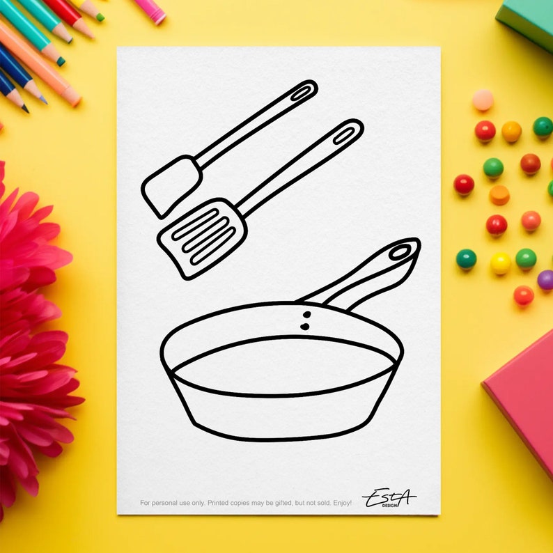 6 Easy Printable Coloring Pages for Kids, Kitchen Tools Coloring ...