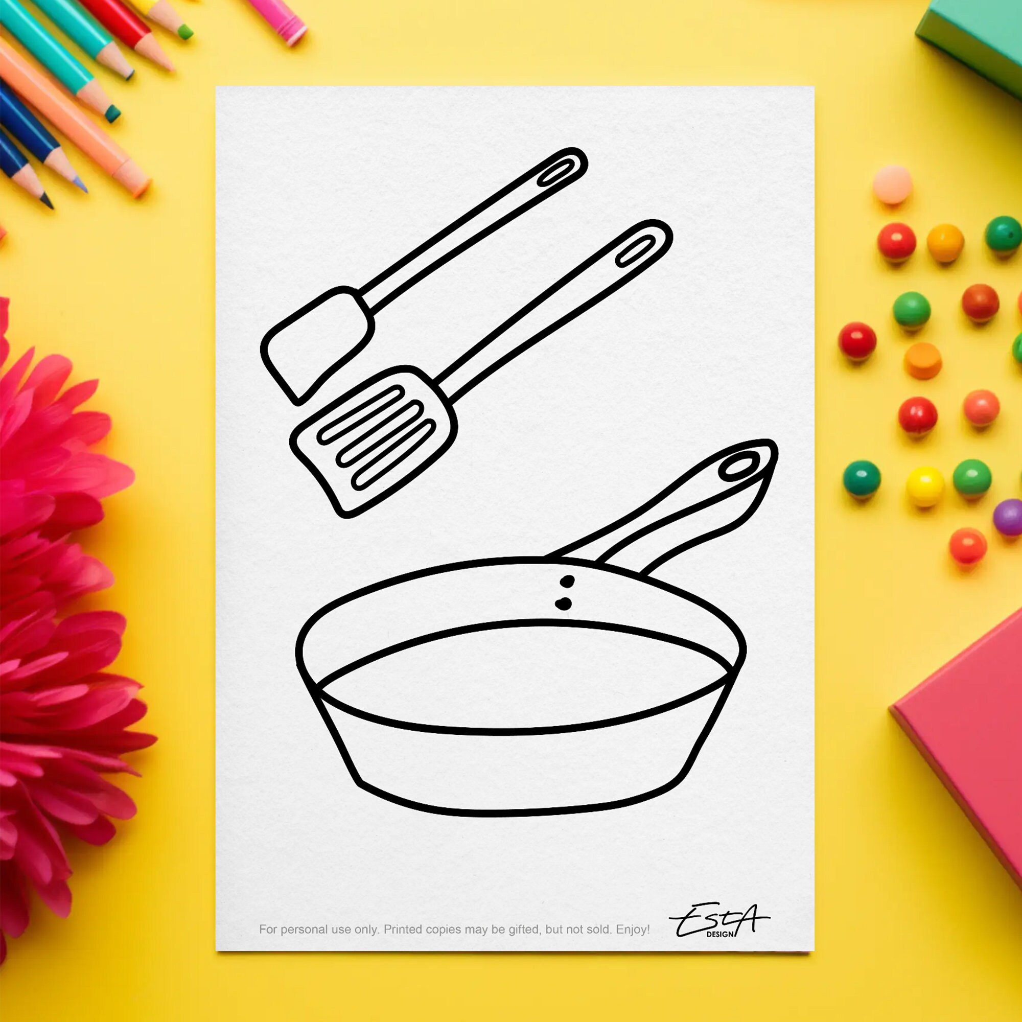 6 Easy Printable Coloring Pages for Kids, Kitchen Tools Coloring ...