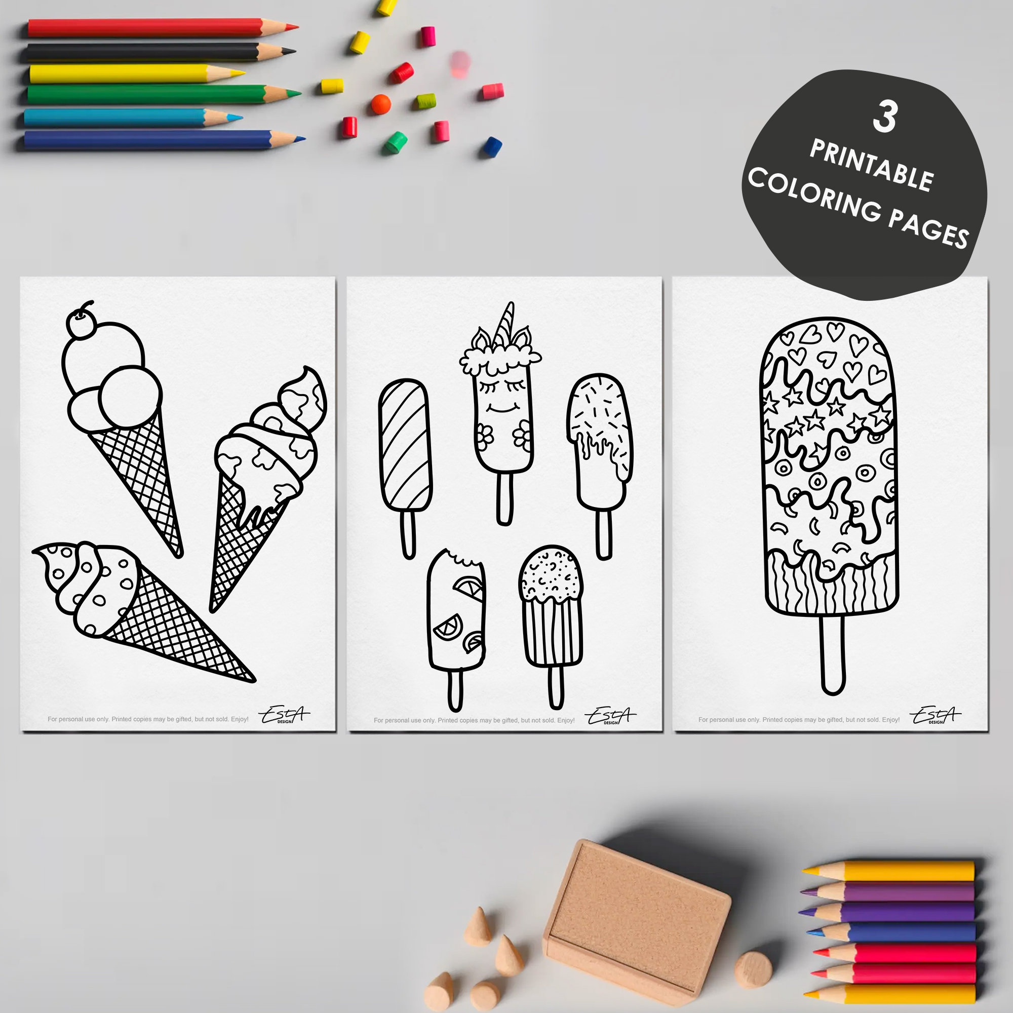 Printable Easy Coloring Pages for Kids Ice Cream Theme set of 3, Hand ...