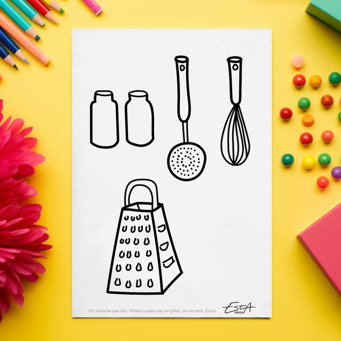 6 Easy Printable Coloring Pages for Kids, Kitchen Tools Coloring ...