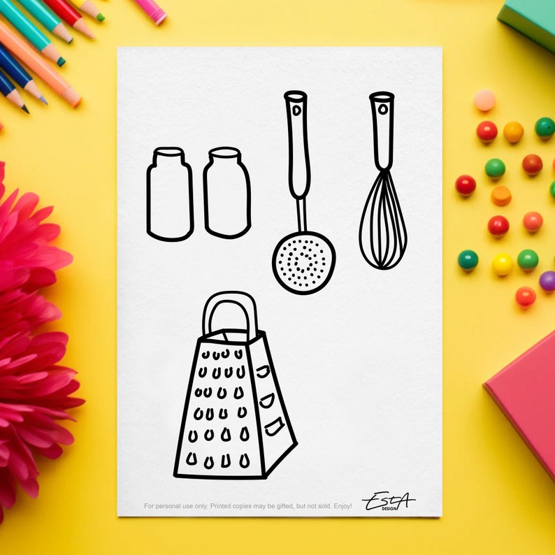 6 Easy Printable Coloring Pages for Kids, Kitchen Tools Coloring ...