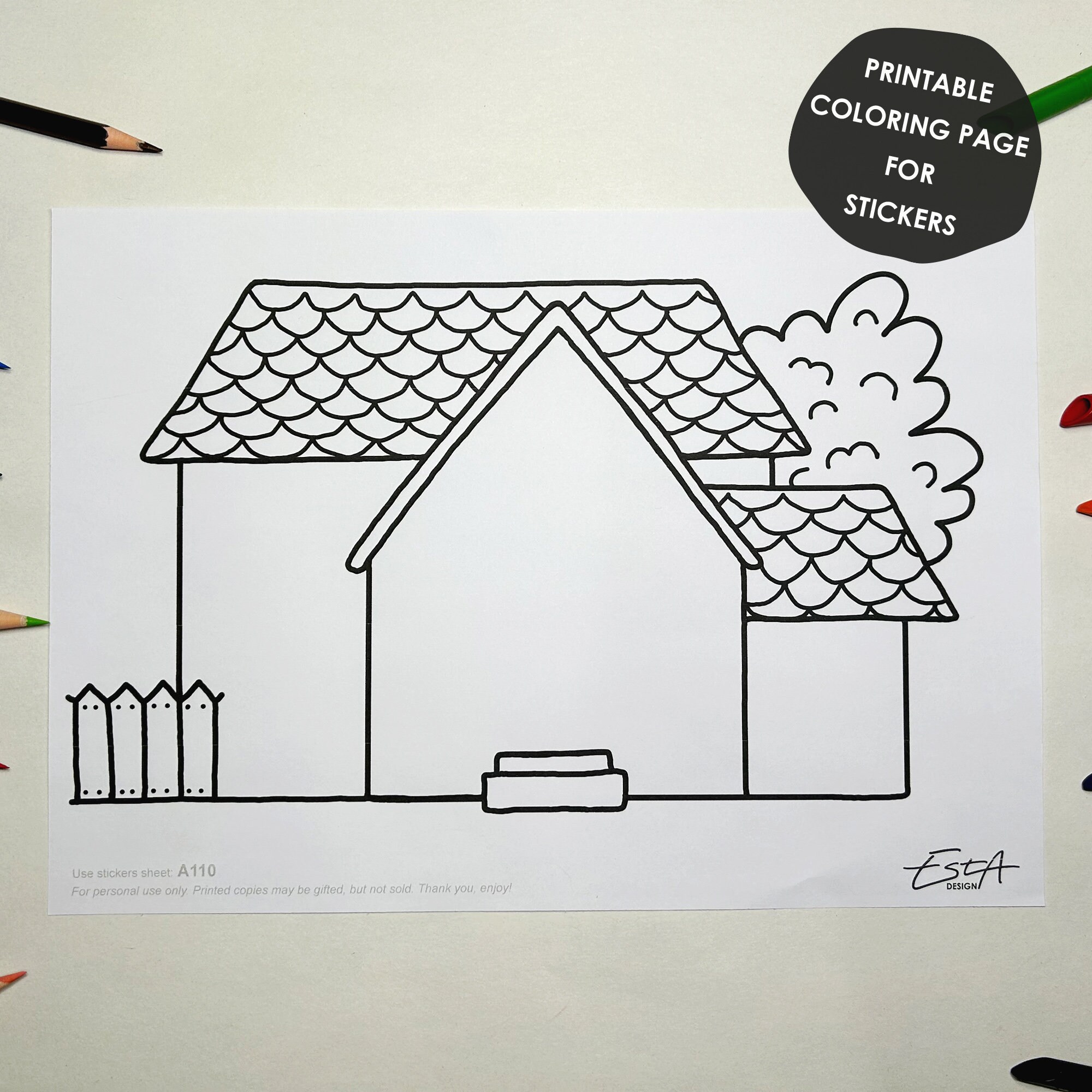 Coloring Sticker Sheet & FREE Printable Coloring Page for Kids, House ...