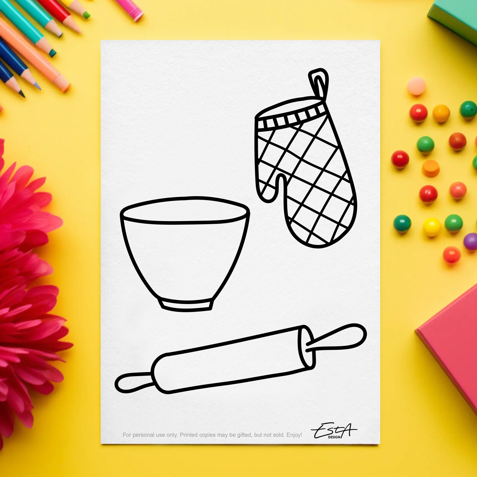 6 Easy Printable Coloring Pages for Kids, Kitchen Tools Coloring ...