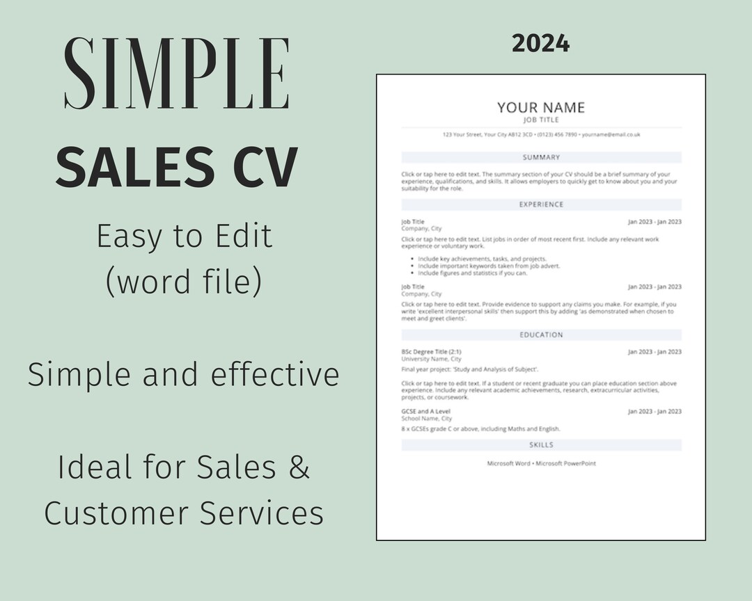 Simple Sales CV Template Ready to Edit 2024 - Etsy
