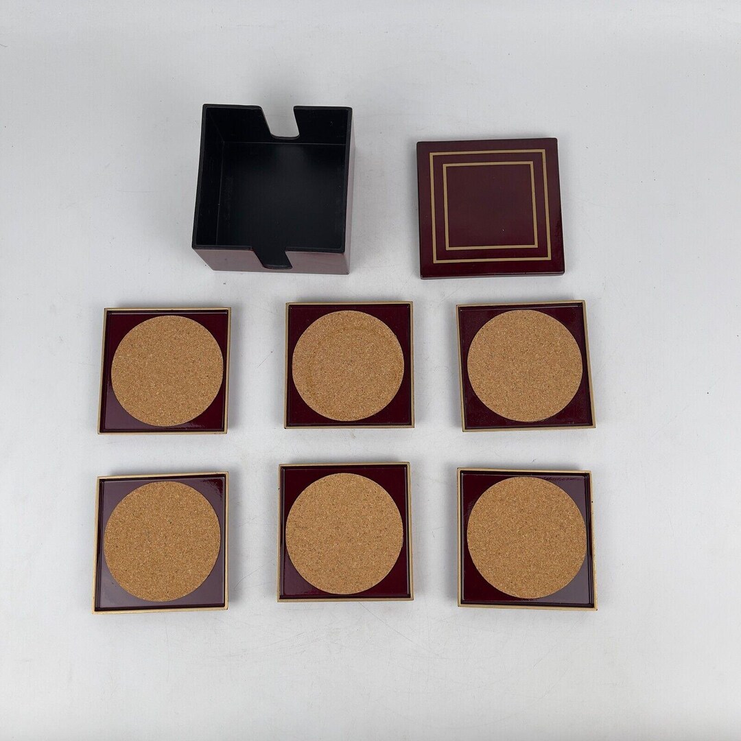 Vintage Japanese Timber & Cork Retro Set of 6 Coasters Caddy With Stand ...