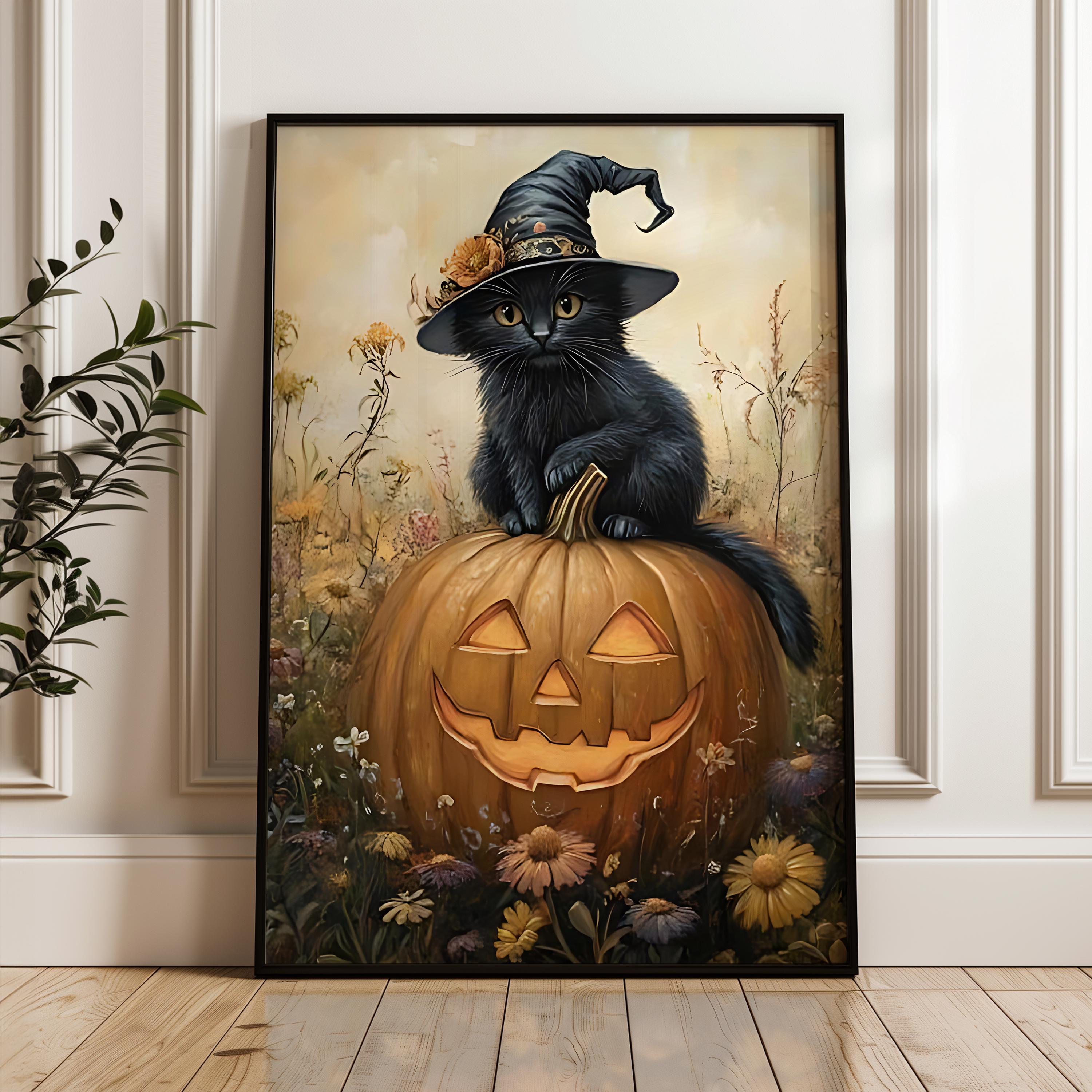 Cute Black Cat Halloween Wall Art cat With Witch Hat on Jack-o'lantern ...