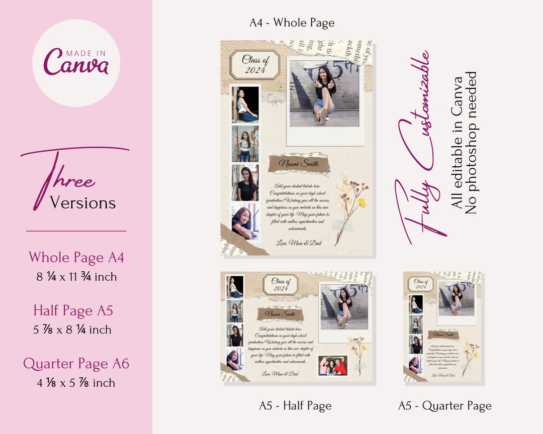 Editable Senior Yearbook Ad Template Customizable Quarter Half Full ...