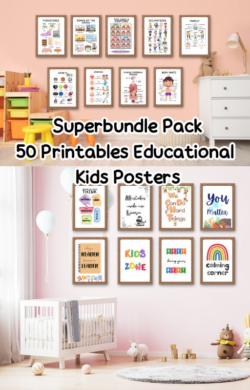 Kids Educational Poster, 50 Printables Poster for Classroom, Playroom ...