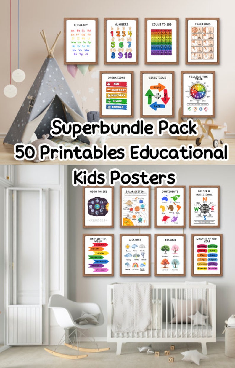 Kids Educational Poster, 50 Printables Poster for Classroom, Playroom ...