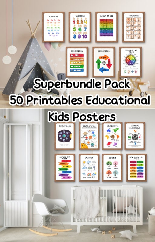 Kids Educational Poster, 50 Printables Poster for Classroom, Playroom ...