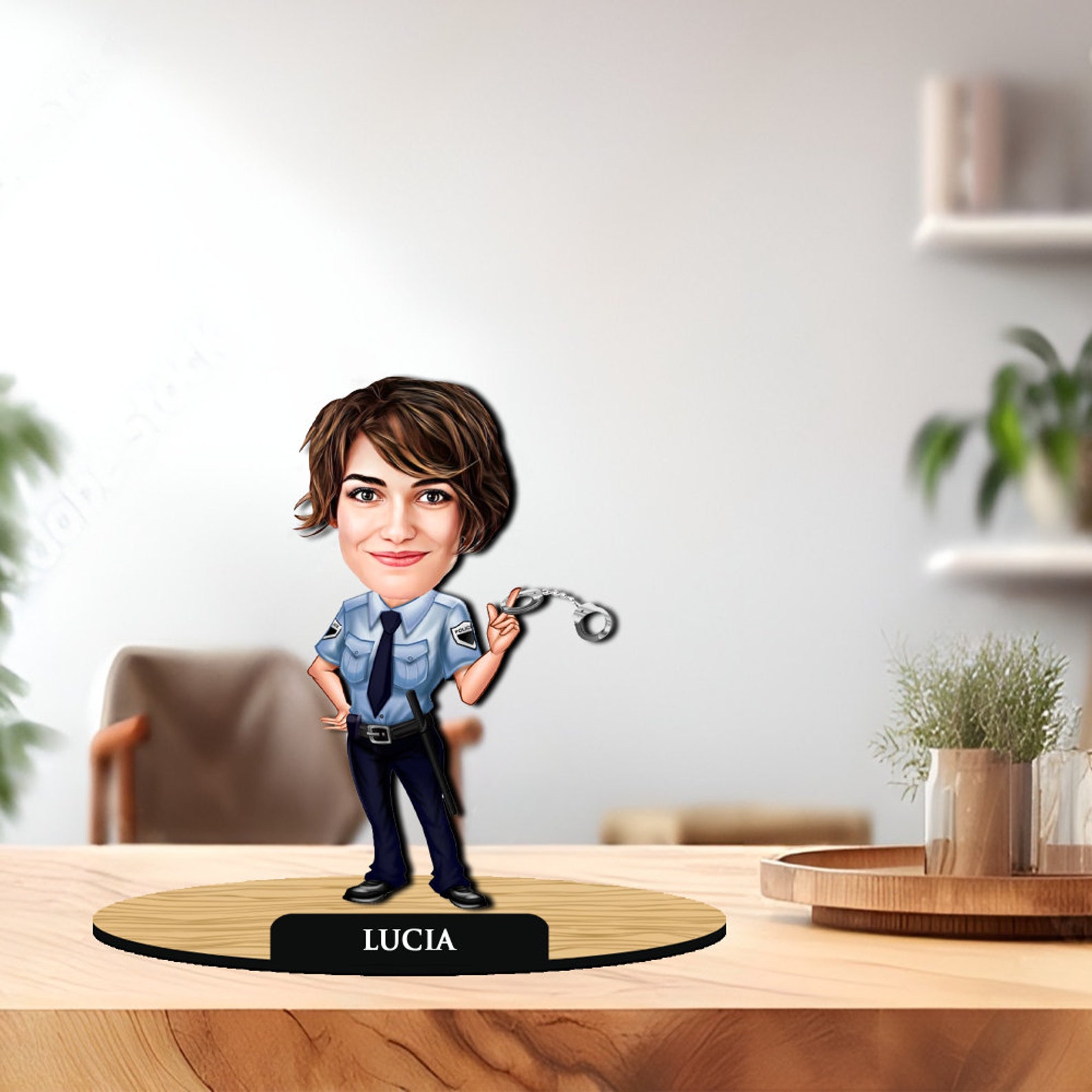 Custom Cartoon Wood Shelf Decor , Police Woman Theme Wood Figurine ...