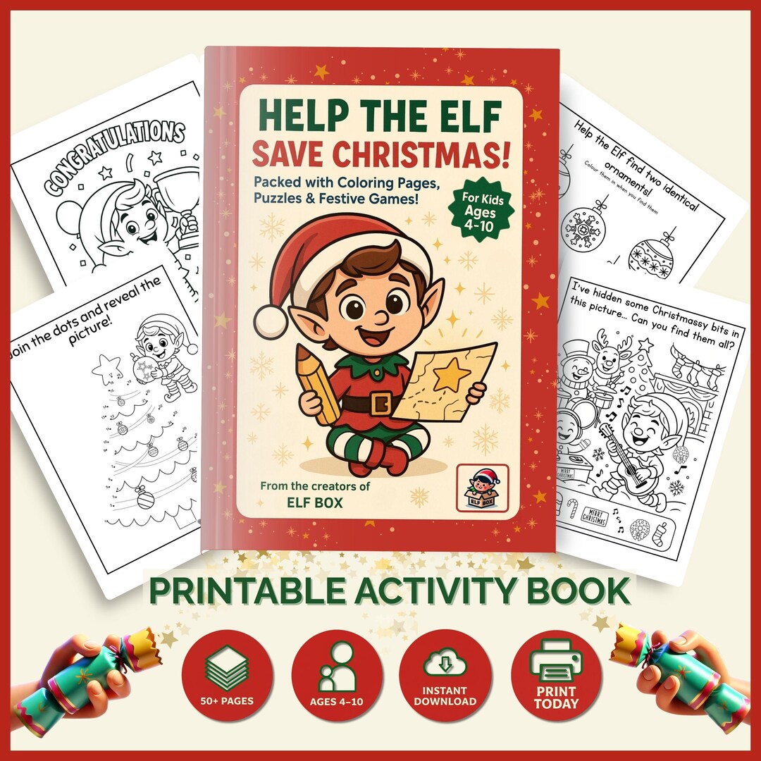 Elf Save Christmas Activity Book: Coloring, Puzzles, Mazes (instant ...