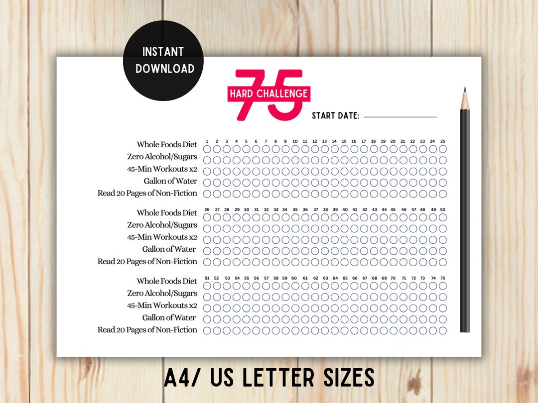 75 Day Challenge Tracker Printable, Fitness Challenge Digital Template ...