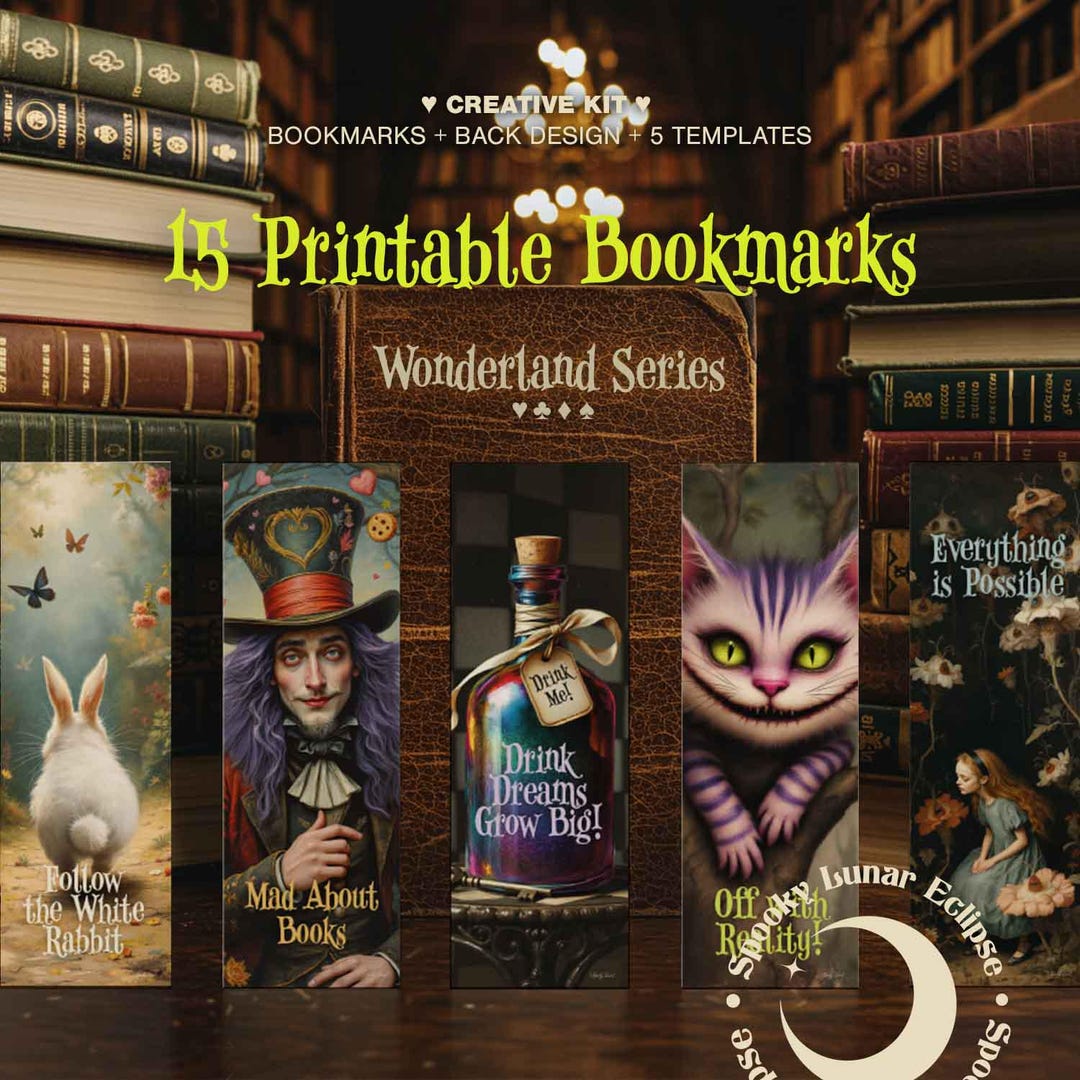 Alice in Wonderland Printable Bookmarks Set of 15 Dark Academia Reading ...