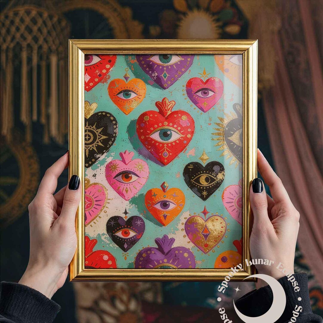 Mystical Hearts With Occult Eyes Art Print Boho Vintage Painting ...