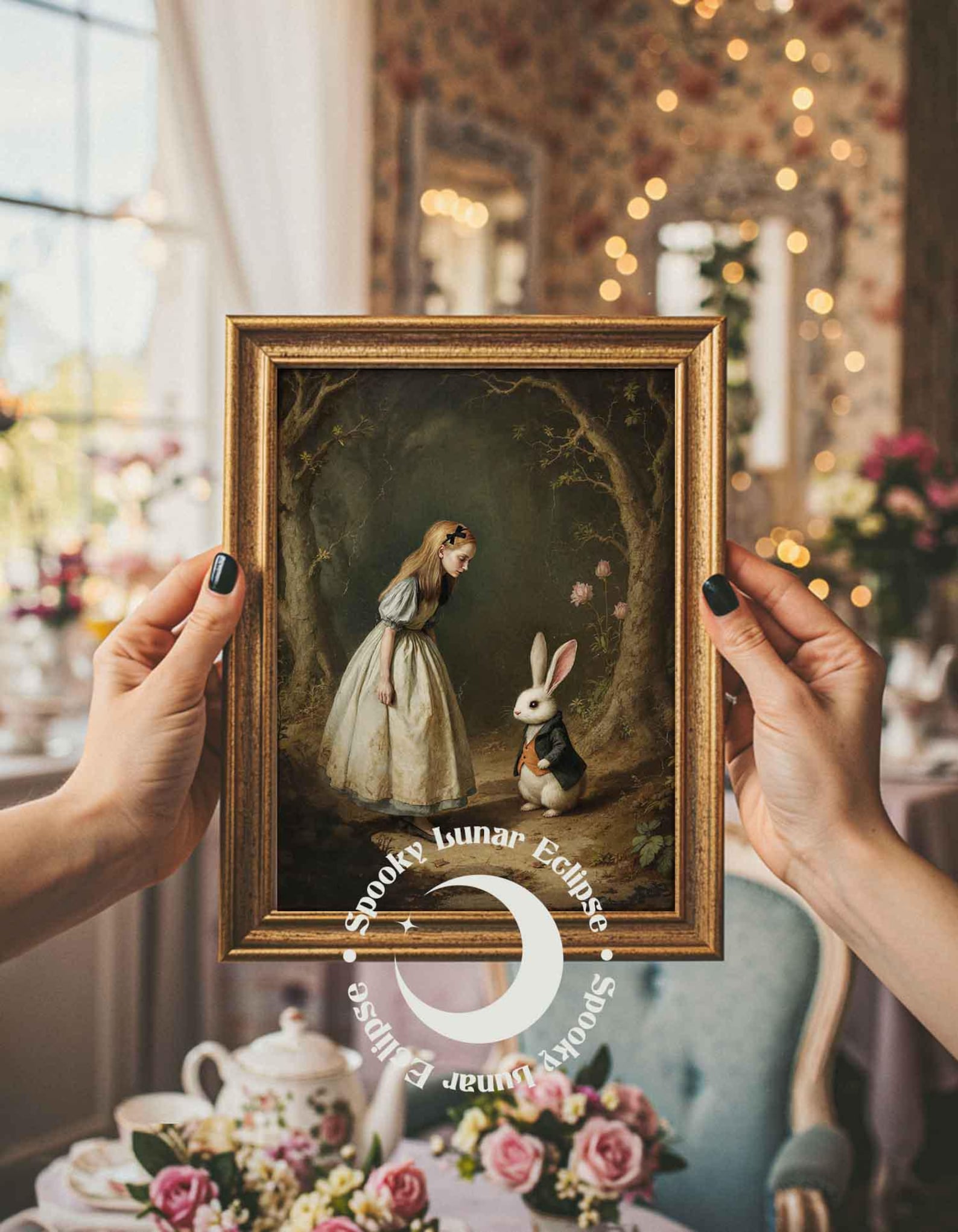 Alice in Wonderland With White Rabbit Print Art Antique Fairytale Paint ...