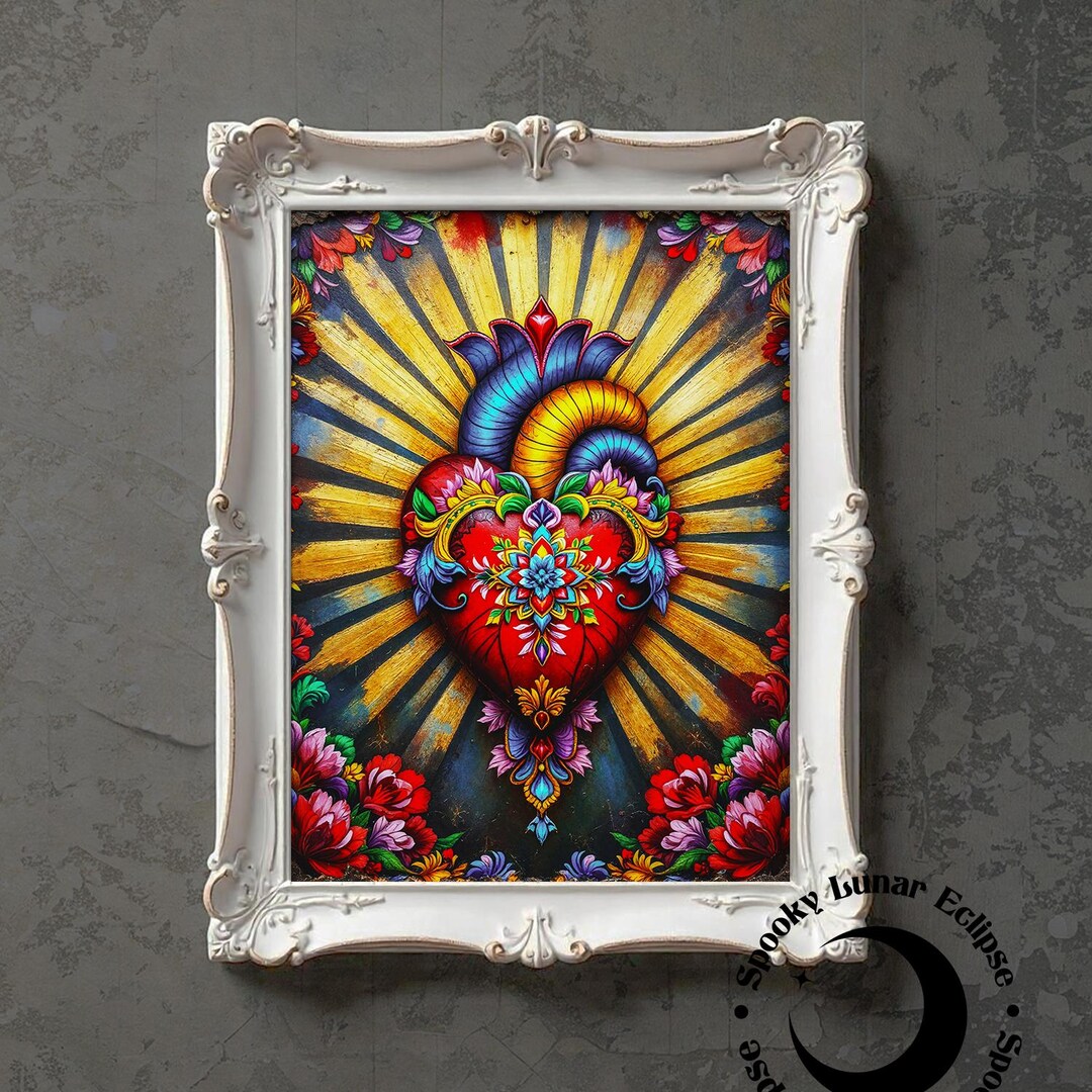 Mexican Sacred Heart Print Art Anatomy Vintage Poster Folk Wall Decor ...
