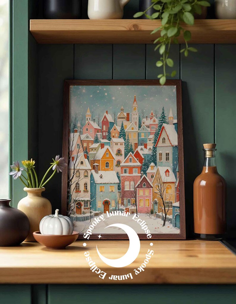 Vintage Christmas Village Art Print, Festive Winter Wonderland (digital ...