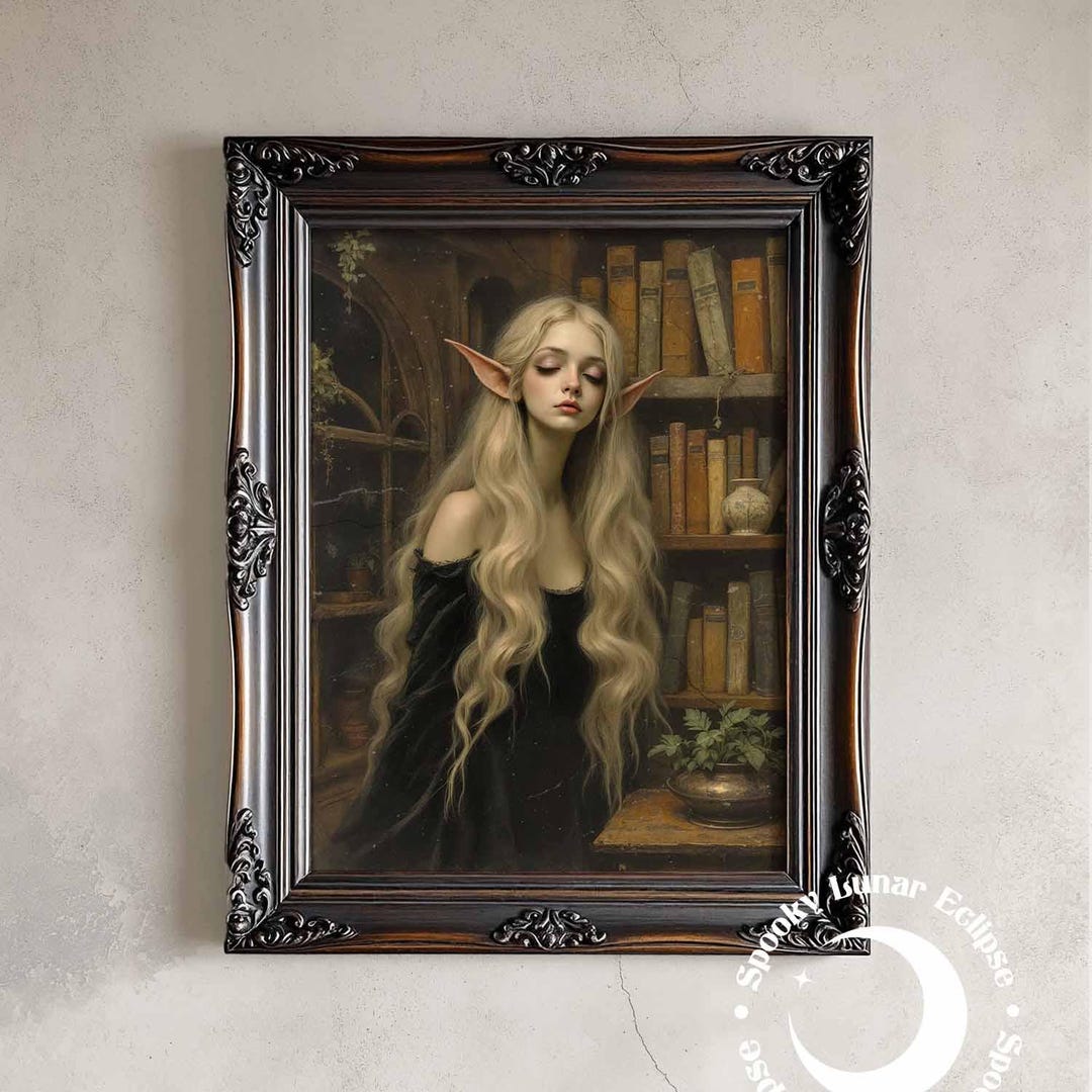 Antique Fantasy Elven Library Print Art Dark Academia Elf Paint Fairy ...