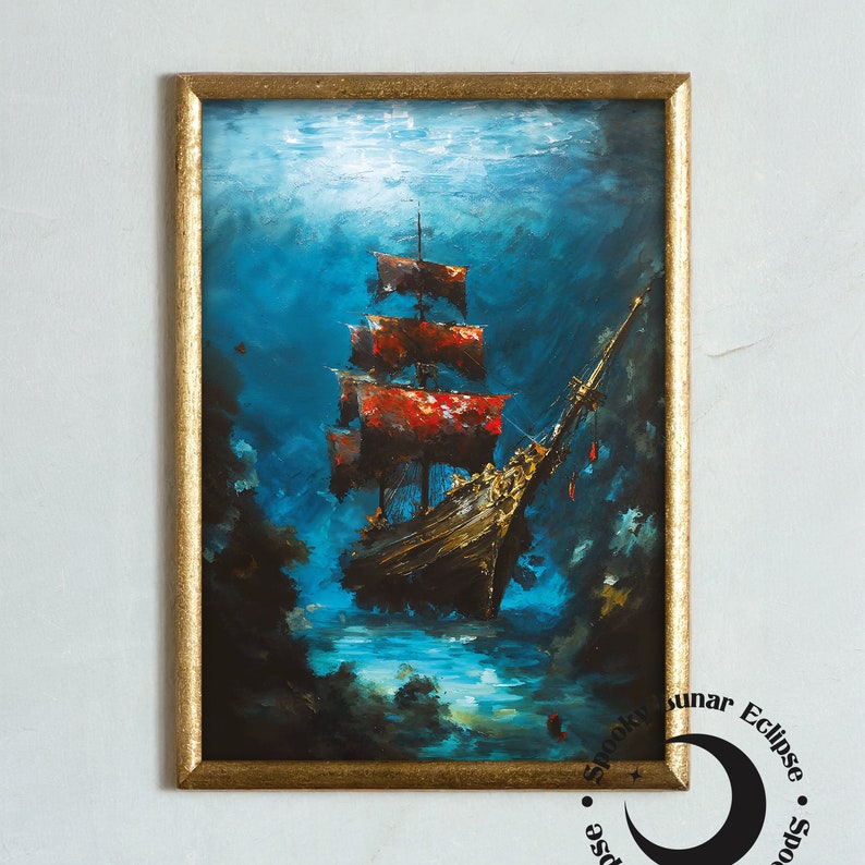 Vintage Cursed Ship Underwater, Ghost Sailboat Painting, Gothic Boat ...