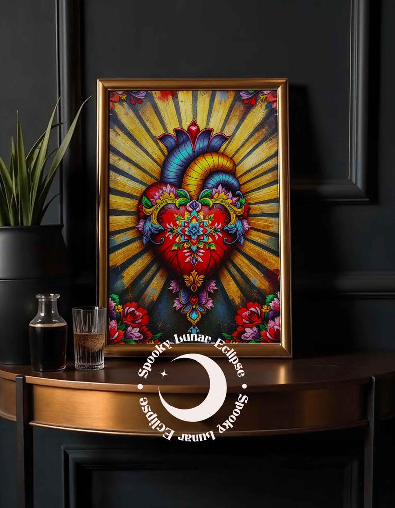 Mexican Sacred Heart Print Art Anatomy Vintage Poster Folk Wall Decor ...