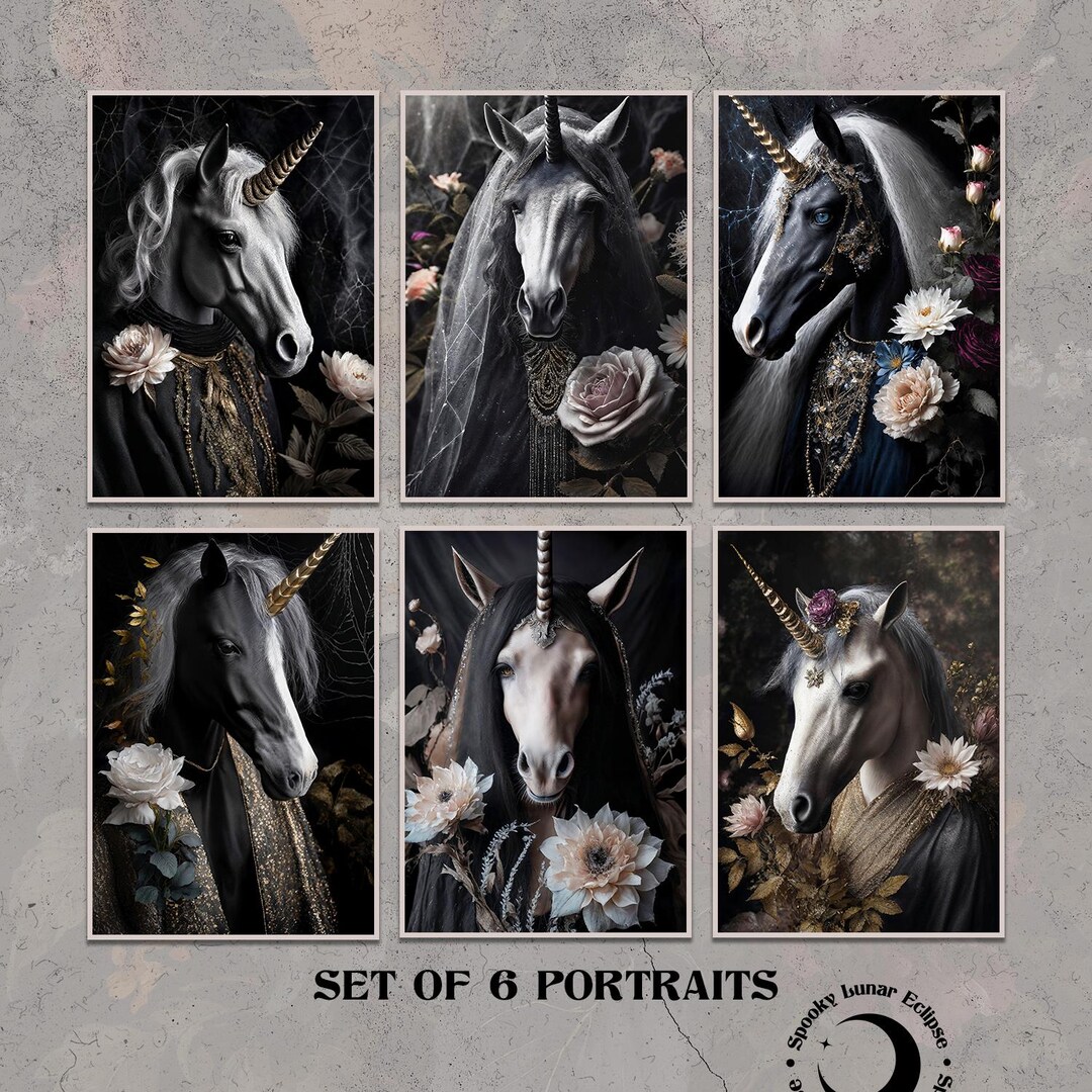 Set of 6 Dark Fantasy Unicorns Art Prints, Magic Animals Dark Academia ...