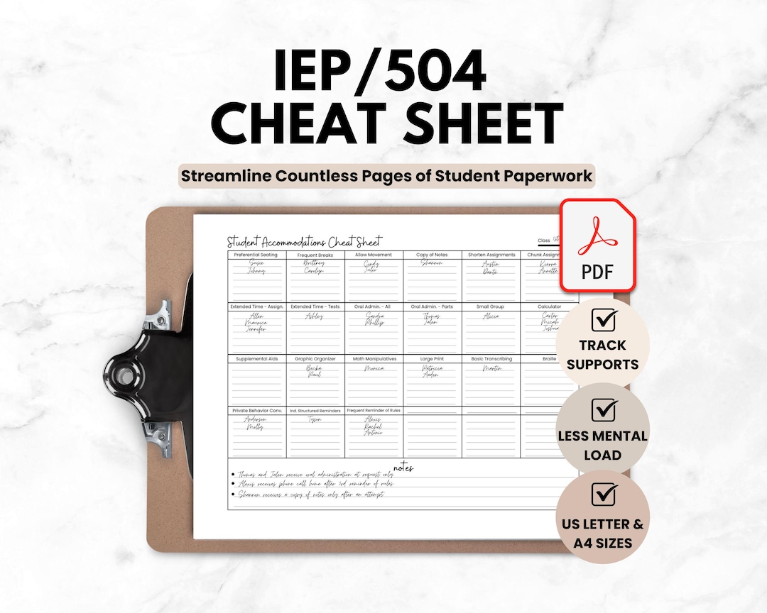 Student Accommodations Tracker for Teacher, IEP & 504 Cheat Sheet for ...