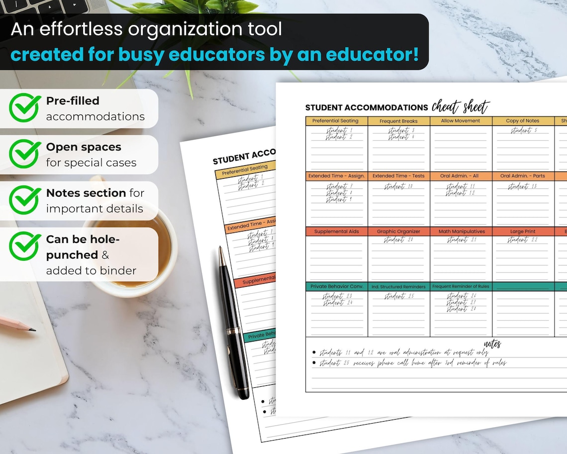 Student Accommodations Cheat Sheet for Teacher, IEP and 504 Tracker for ...