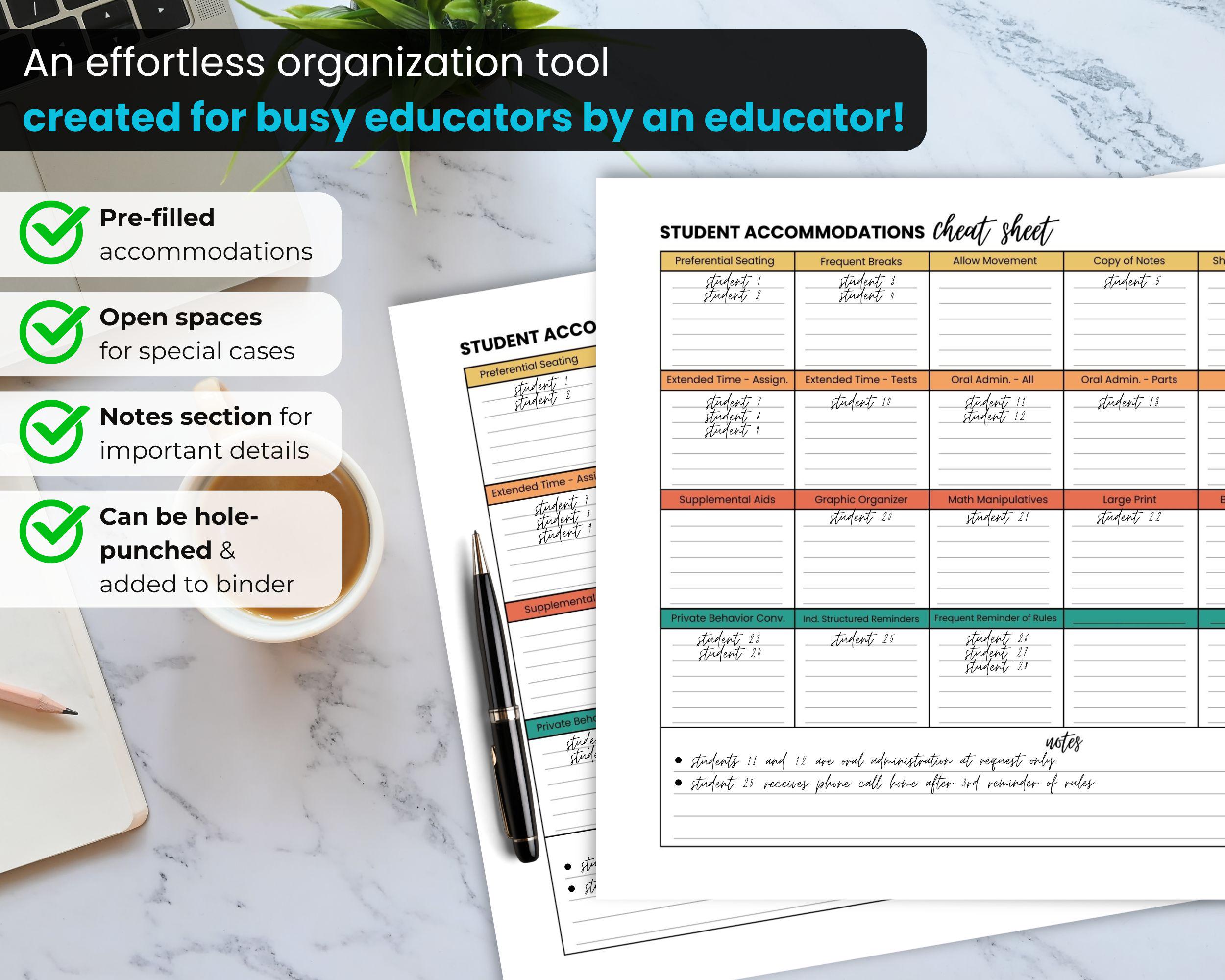 Student Accommodations Cheat Sheet for Teacher, IEP and 504 Tracker for ...