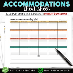 Student Accommodations Cheat Sheet for Teacher, Classroom Teacher ...