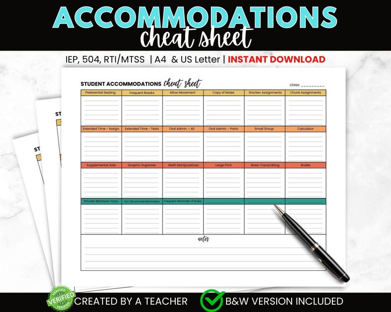 Student Accommodations Cheat Sheet for Teacher, Classroom Teacher ...