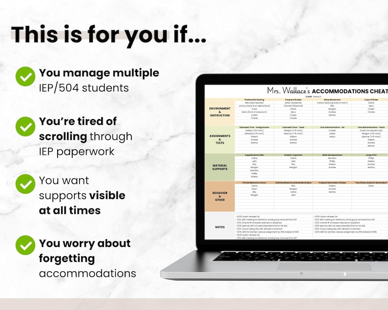 IEP/504 Student Accommodations Tracker Cheat Sheet, Teacher Google ...