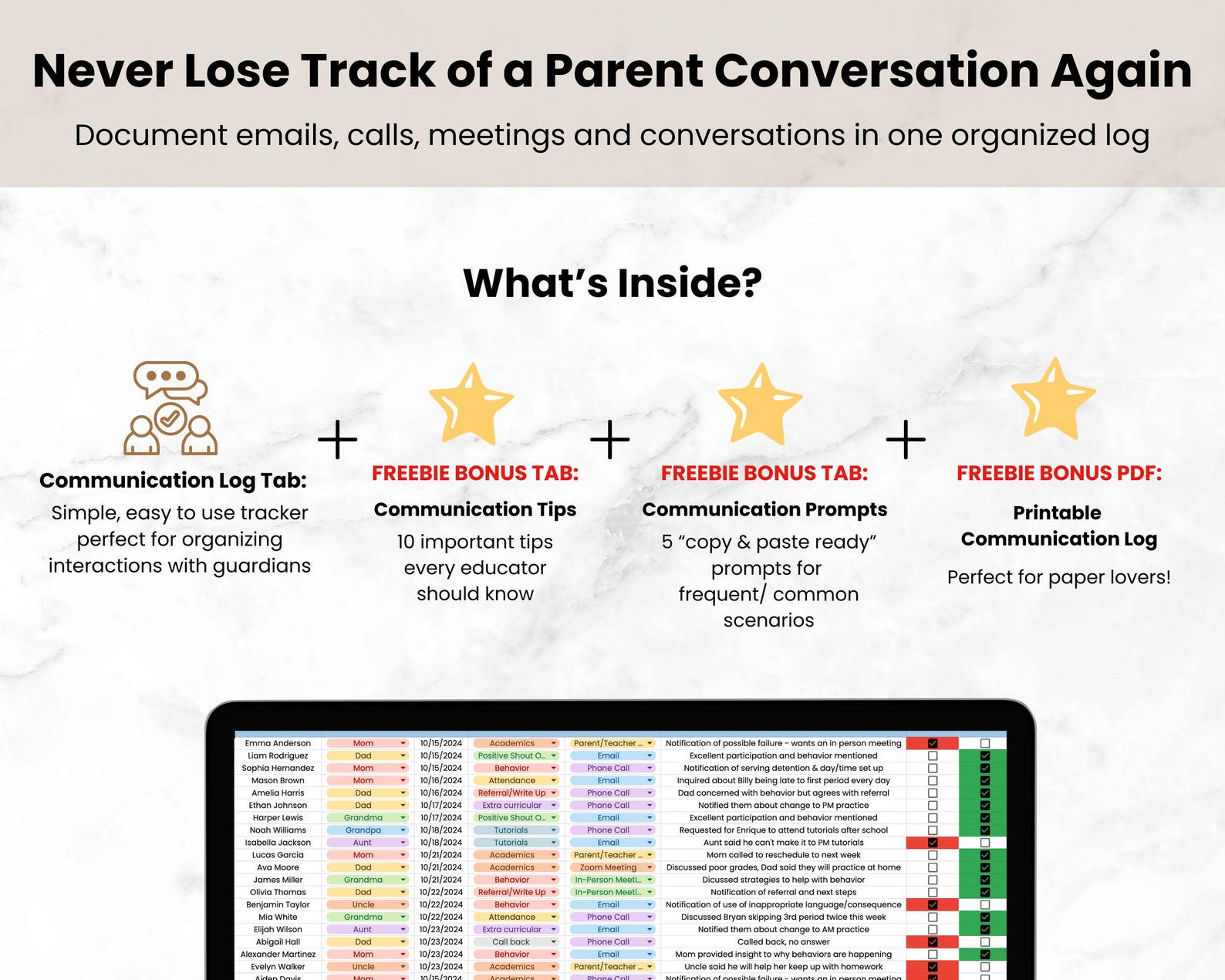 Digital Parent Communication Log for Teacher, Google Sheets Bookkeeping ...