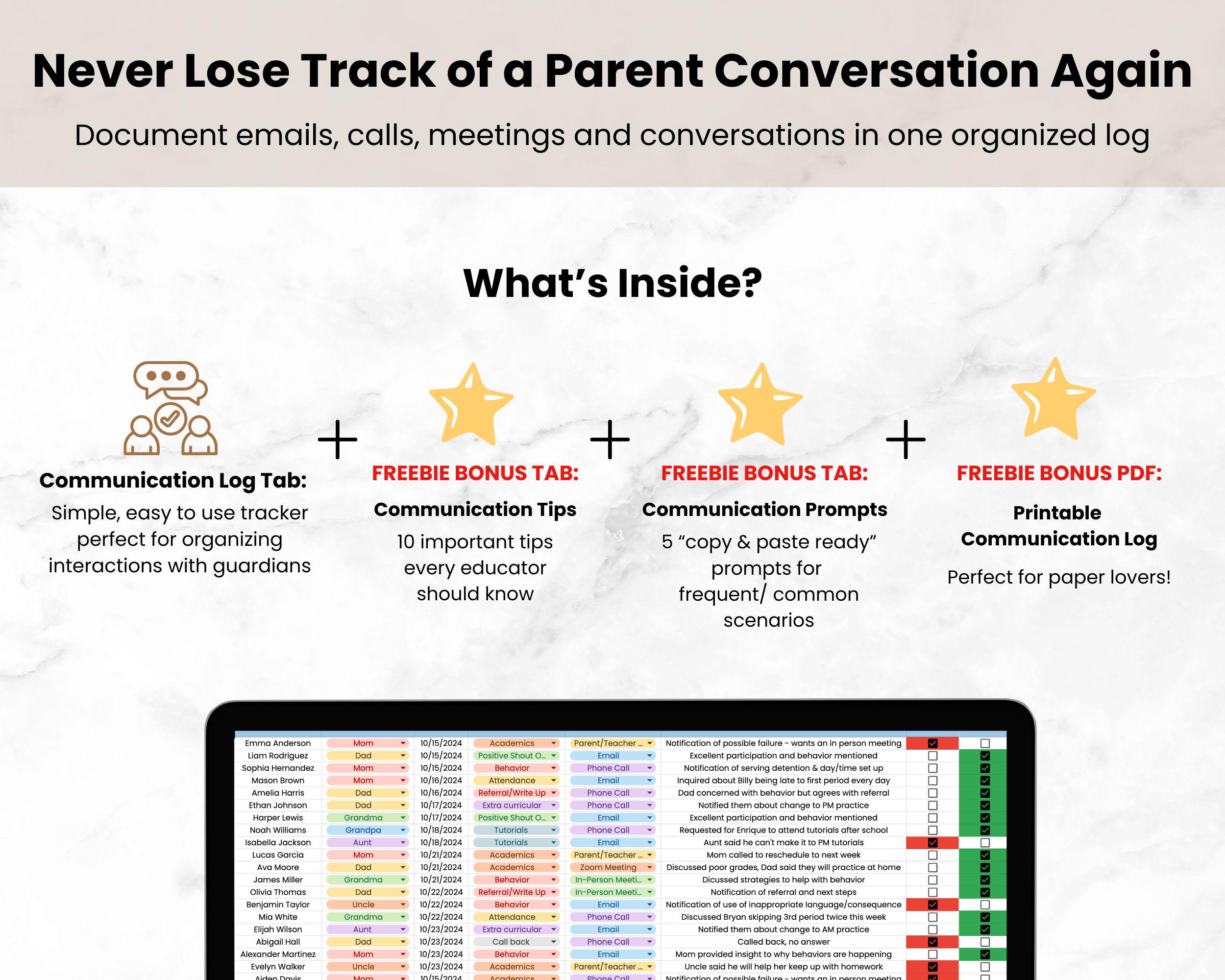 Digital Parent Communication Log for Teacher, Google Sheets Bookkeeping ...